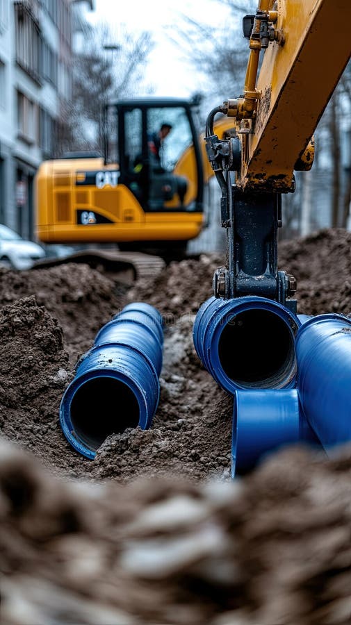 Workers Install New Water Main System Featuring Blue Plastic Pipes and ...