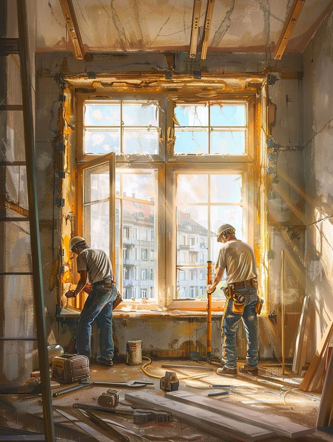 Workers Install New Window Frame in Bright Room with Sunlight Streaming ...