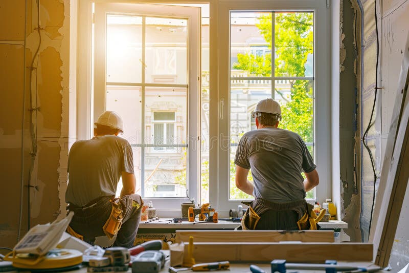 Workers Install New Window Frame in Bright Room with Tools and Sunlight ...
