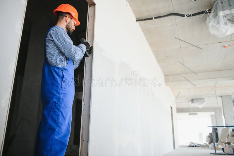 Workers Install a Plasterboard Wall. Stock Photo - Image of house ...