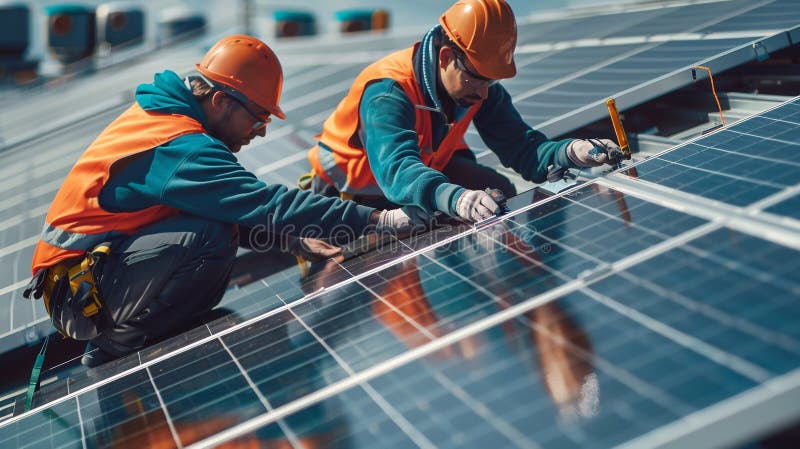 Workers Install Solar Panels on the Roof.complexity and Teamwork ...