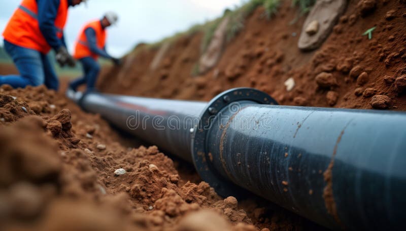 Workers Install Underground Pipeline. Trenchless Tech Procedure. Focus ...
