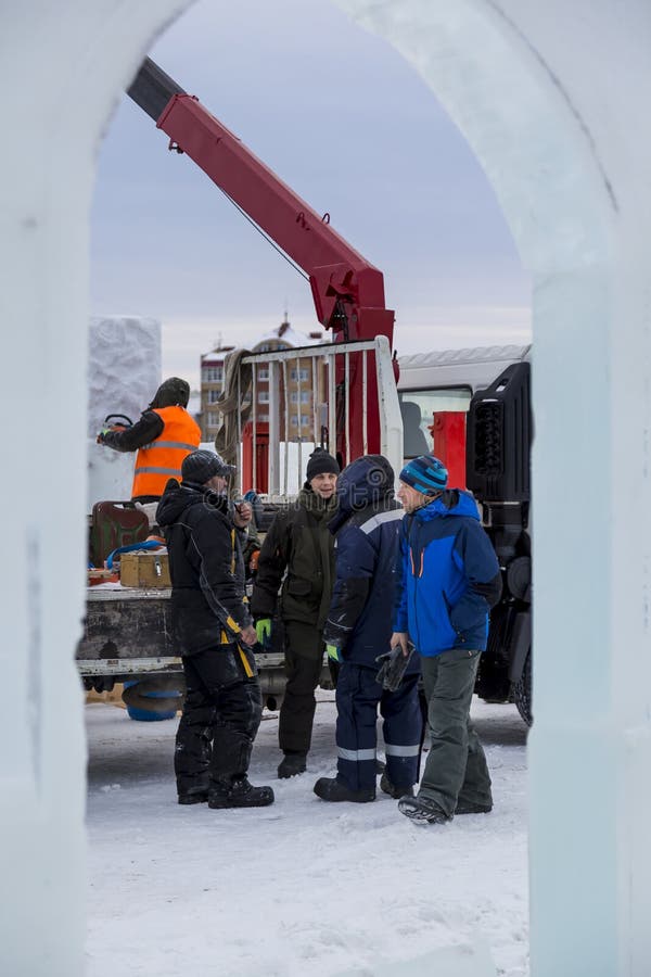 Workers on the Installation of the Ice Town Stock Image - Image of ...