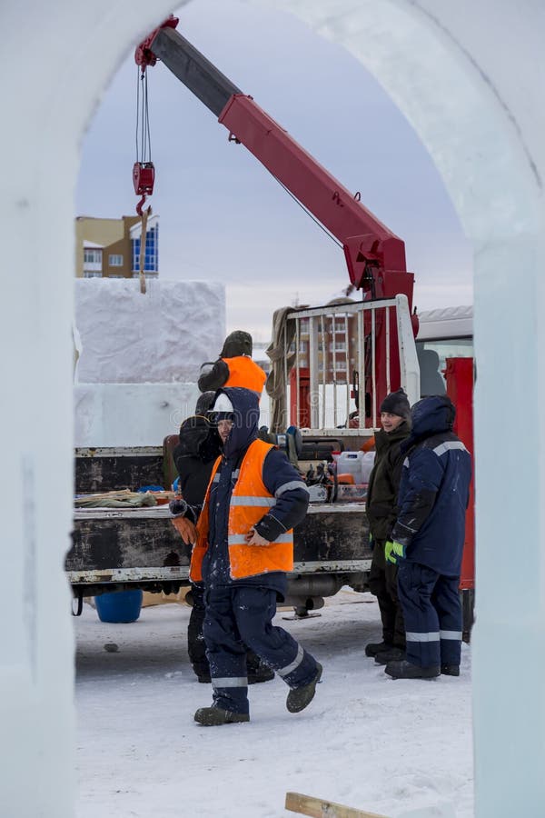Workers on the Installation of the Ice Town Stock Photo - Image of ...