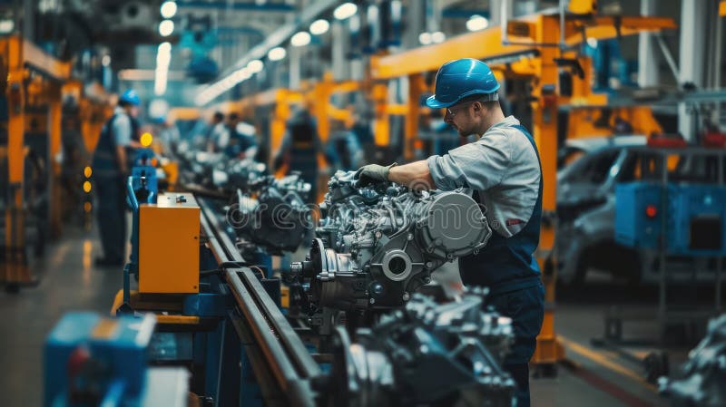 Workers Installing Engines on the Production Line in a Car ...