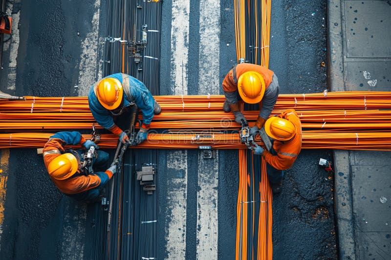 Workers Installing Fiber Optic Cables on Busy Street, Showcasing ...