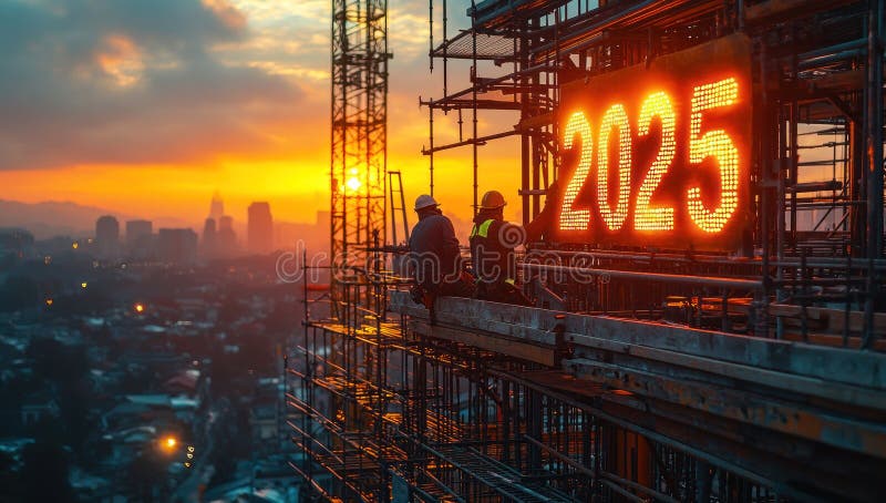 Workers Installing Illuminated 2025 Sign on Construction Site at Sunset ...