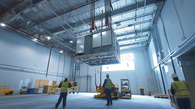 Workers Installing Industrial Equipment Inside a Spacious Facility ...