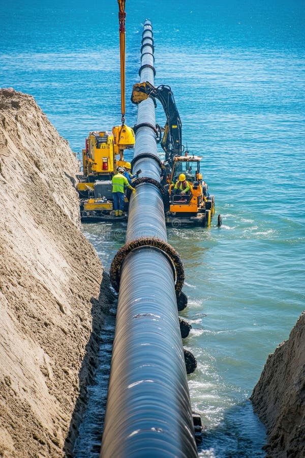 Workers Installing Large Diameter Pipeline in the Sea Stock Photo ...