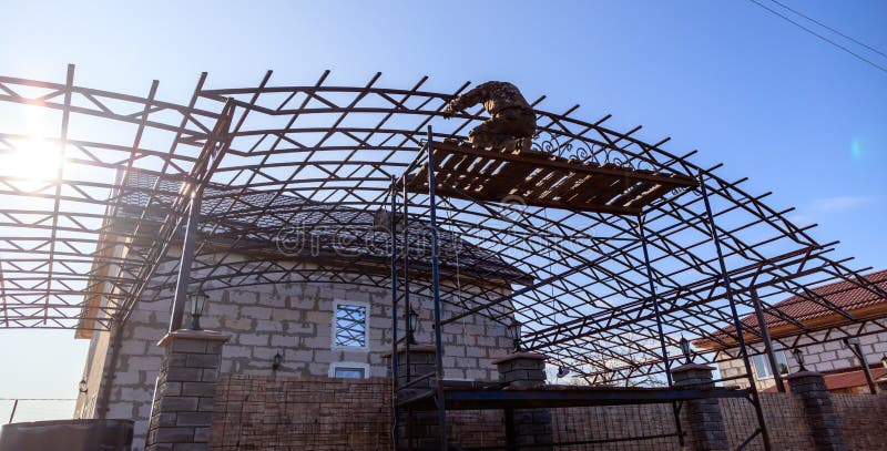Workers are Installing a Metal Canopy. Stock Image - Image of house ...
