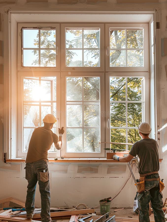 Workers Installing a Modern Window Frame in a Bright Room with Tools ...