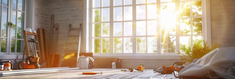 Workers Installing New Window Frame in Bright Room with Tools and ...