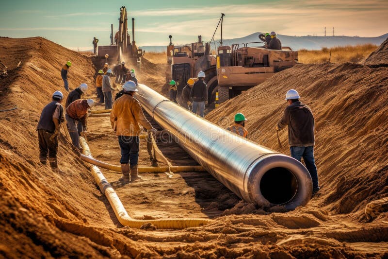 Workers Installing Pipeline in Morning. Generate Ai Stock Illustration ...