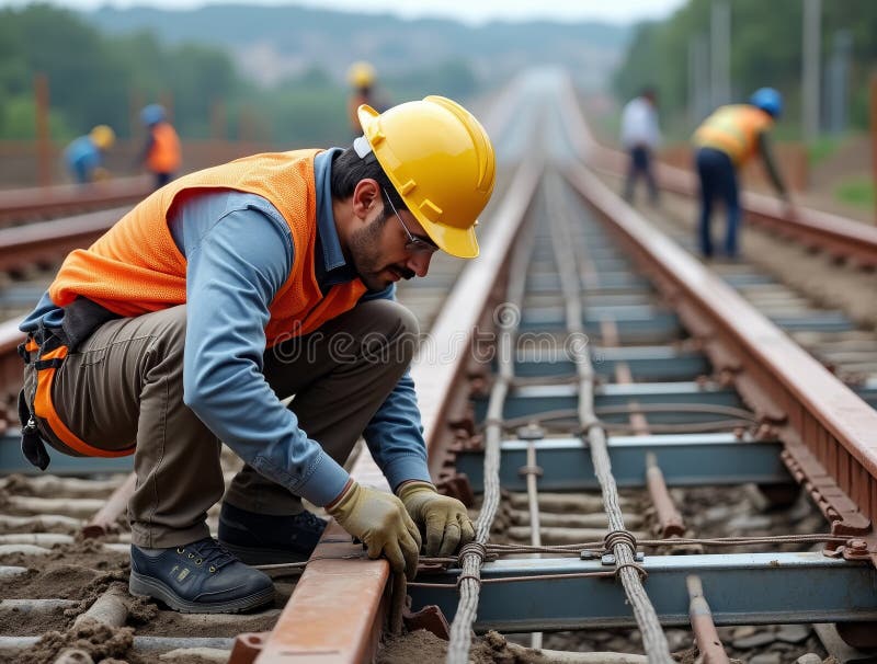Workers Installing Railway Tracks during the Day in an Outdoor Setting ...