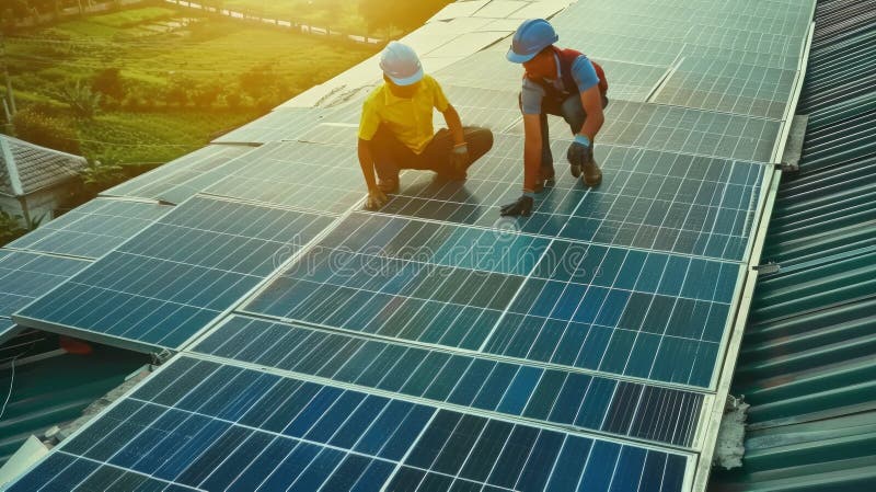 Workers Installing Solar Cell Farm Power Plant Eco Technology ...