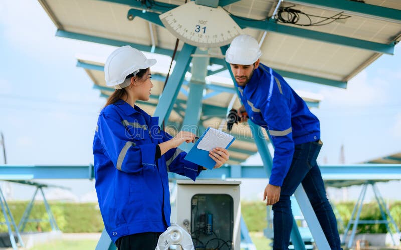 Workers Installing Solar Panels, Engineer Team at Solar Panel Farm ...
