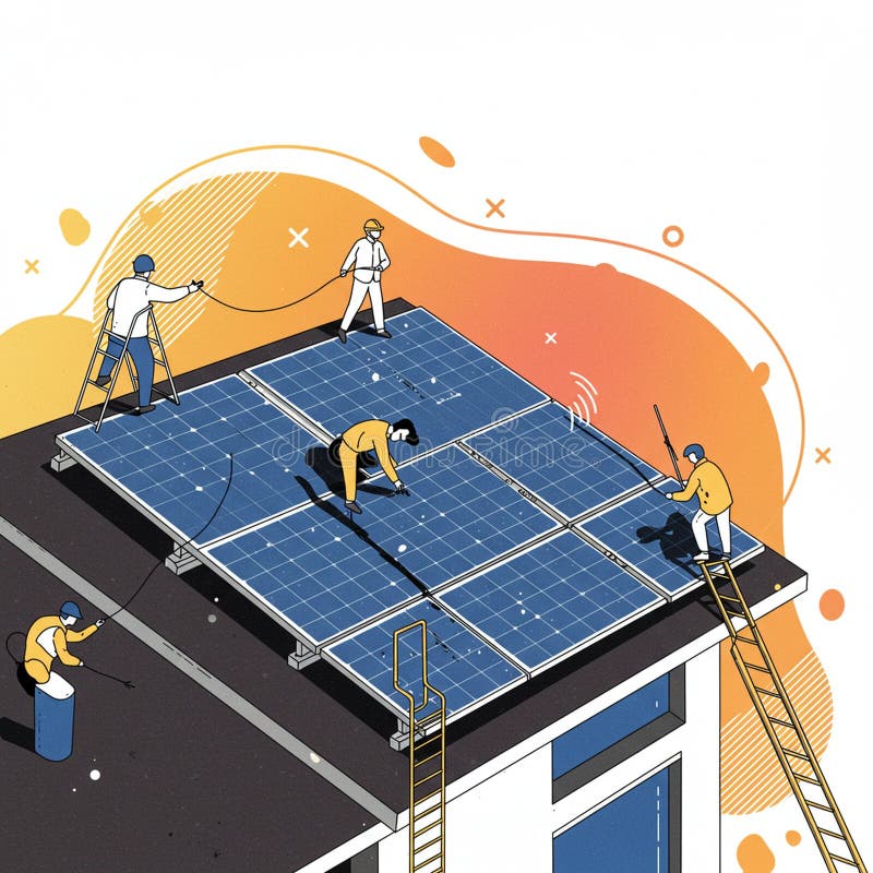 Workers are Installing Solar Panels on a Flat Rooftop. the Illustration ...