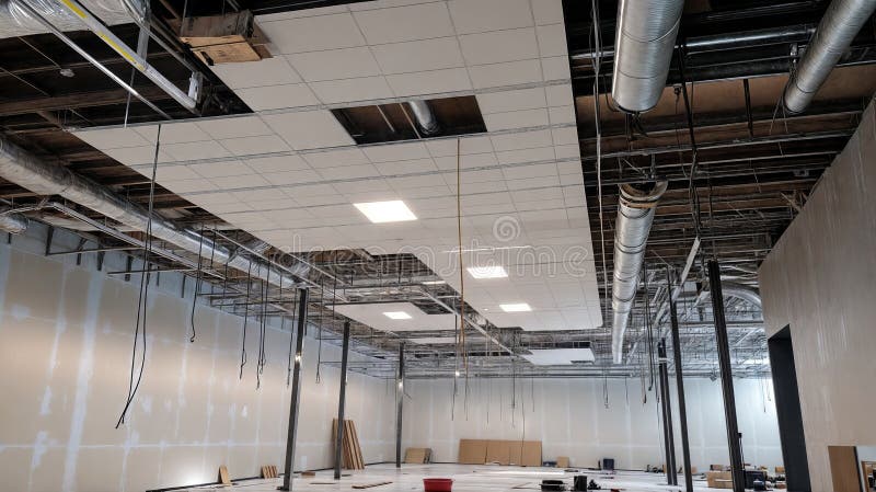 Workers Installing Suspended Ceiling and Lighting in Large Commercial ...