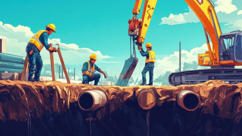 Workers Installing Underground Pipes for Infrastructure Stock ...