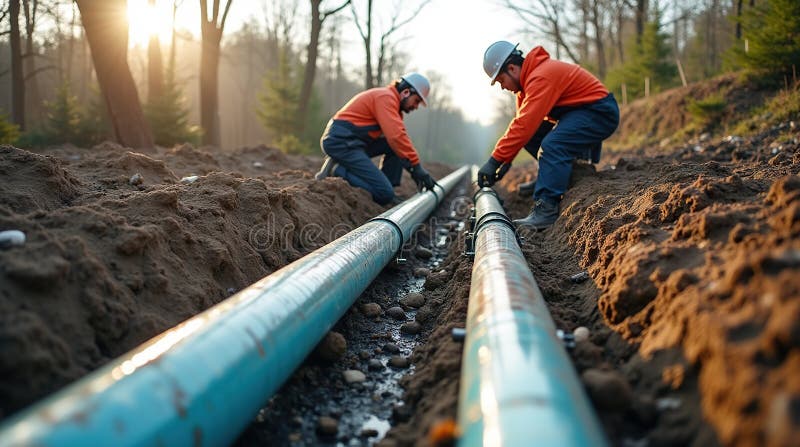Workers Installing Underground Pipes for Utility Infrastructure ...