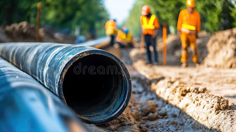 Workers Installing Underground Pipes for Utility Infrastructure ...