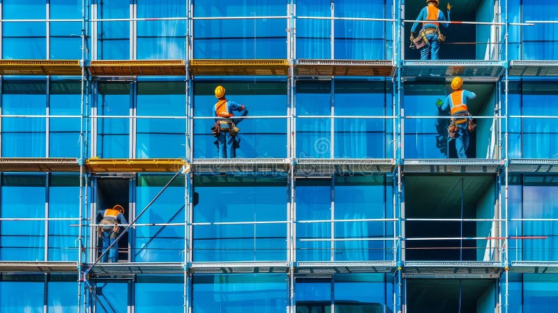 Workers Installing Windows, Construction Site, Building Framework ...