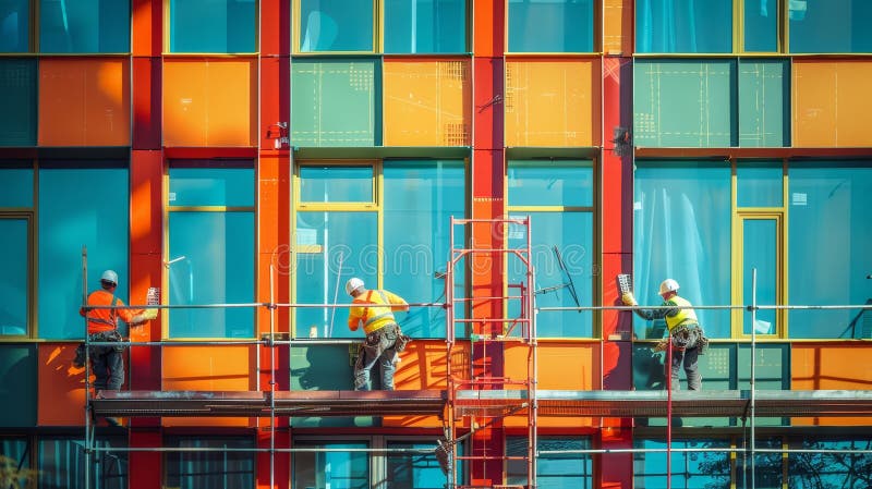 Workers Installing Windows, Construction Site, Building Framework ...