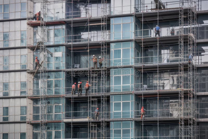 Workers, Installing Windows on High-rise Building, with Scaffolding and ...