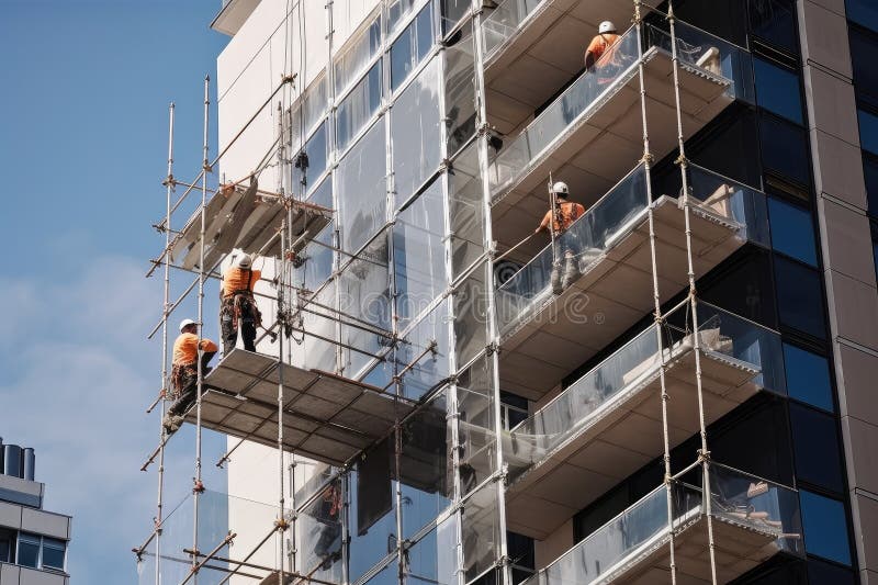 Workers, Installing Windows on High-rise Building, with Scaffolding and ...