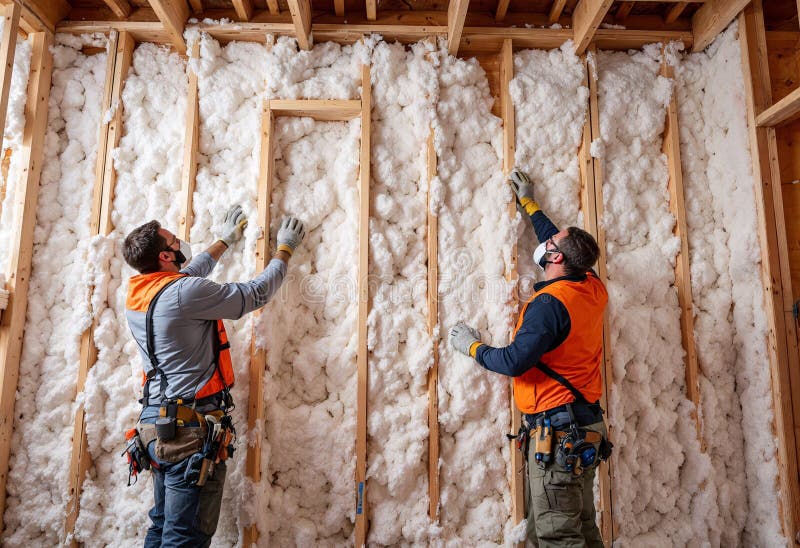 Workers Insulate a Wall with Fiber Material in a Construction Project ...