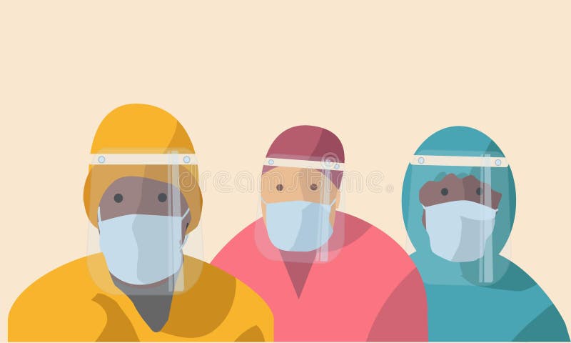 Workers with Jackets, Face Mask and Face Shield Protection Icons Stock ...