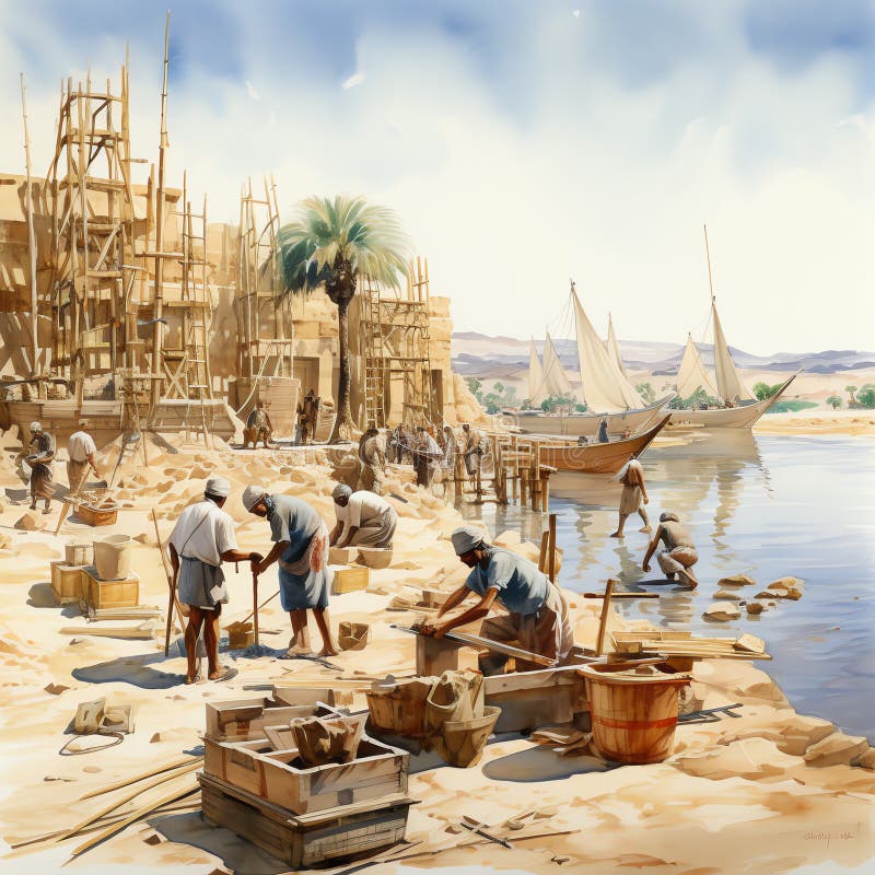 Workers Laboring on Construction Projects Along the Nile Illustration ...