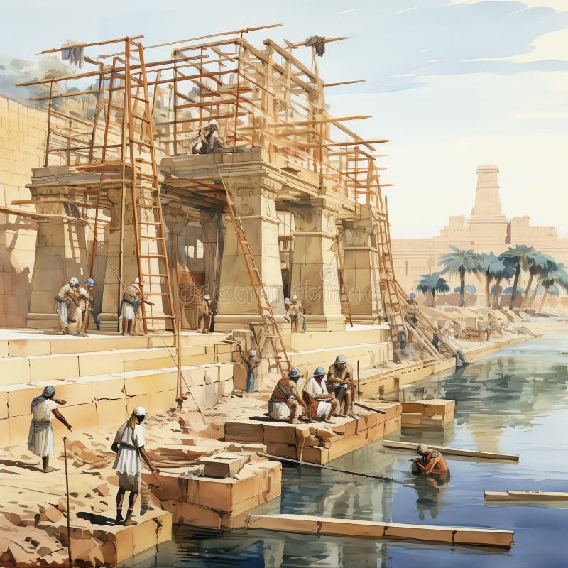 Workers Laboring on Construction Projects Along the Nile Illustration ...