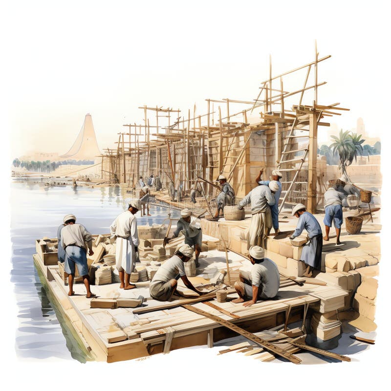 Workers Laboring on Construction Projects Along the Nile Illustration ...