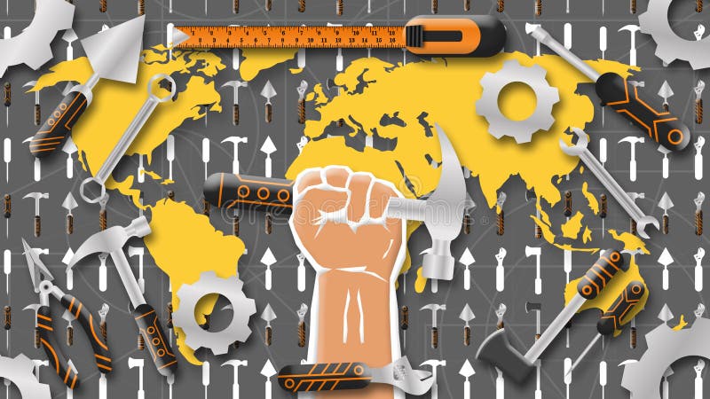 Workers and Labour Day Animation with Hammer Holding Hand and World Map ...