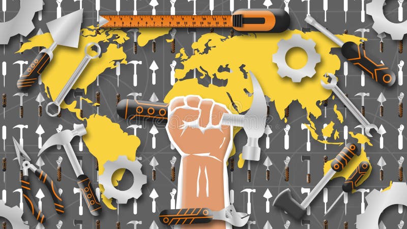 Workers and Labour Day Animation with Hammer Holding Hand and World Map ...