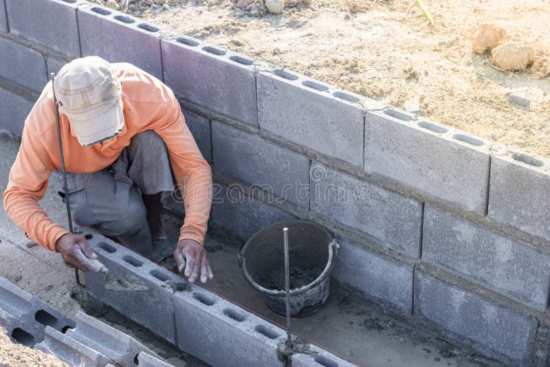 Workers are Laying Blocks of Bricks Stock Image - Image of footpath ...