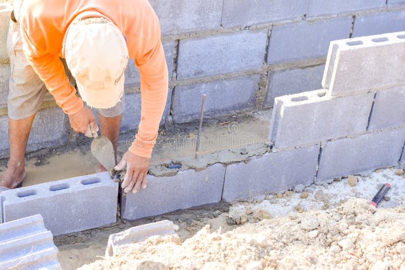 Workers are Laying Blocks of Bricks Stock Image - Image of pavement ...