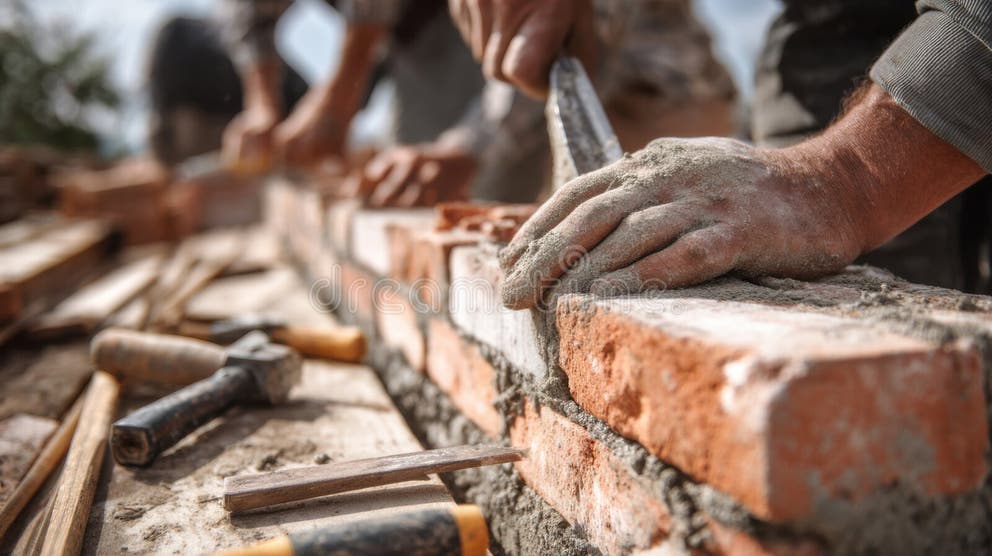Workers Laying Bricks and Applying Mortar during a Construction Project ...