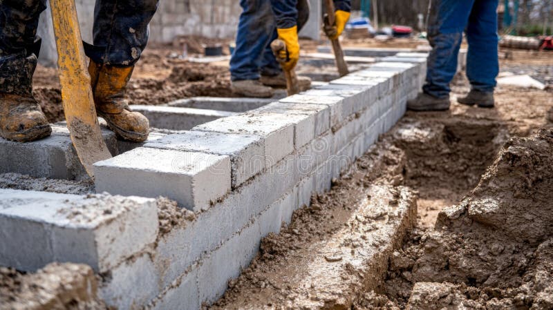 Workers Laying Concrete Blocks for a Foundation Stock Photo - Image of ...
