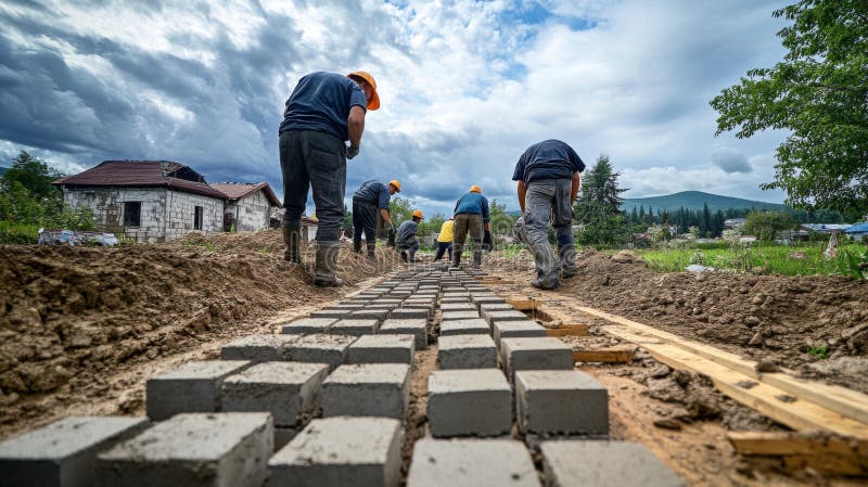 Workers Laying Concrete Blocks for a Path Stock Illustration ...