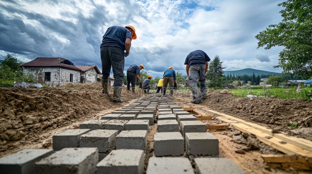 Workers Laying Concrete Blocks for a Path Stock Illustration ...