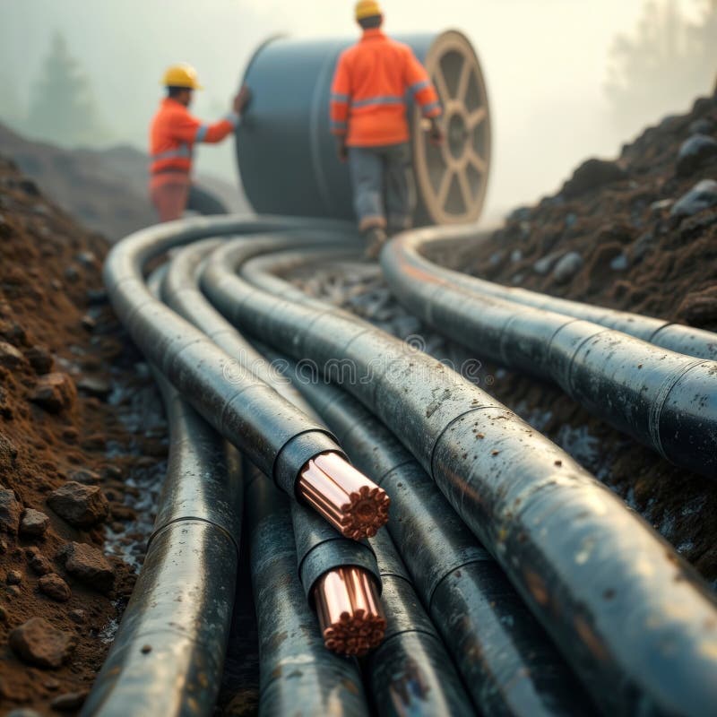 Workers Laying Industrial Cables in Trenches, Generative Ai Stock ...