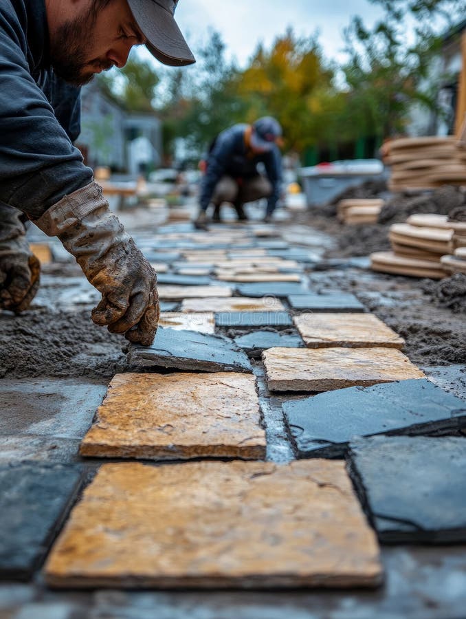 Workers Laying Outdoor Stone Tiles on a Pathway. Stock Photo - Image of ...