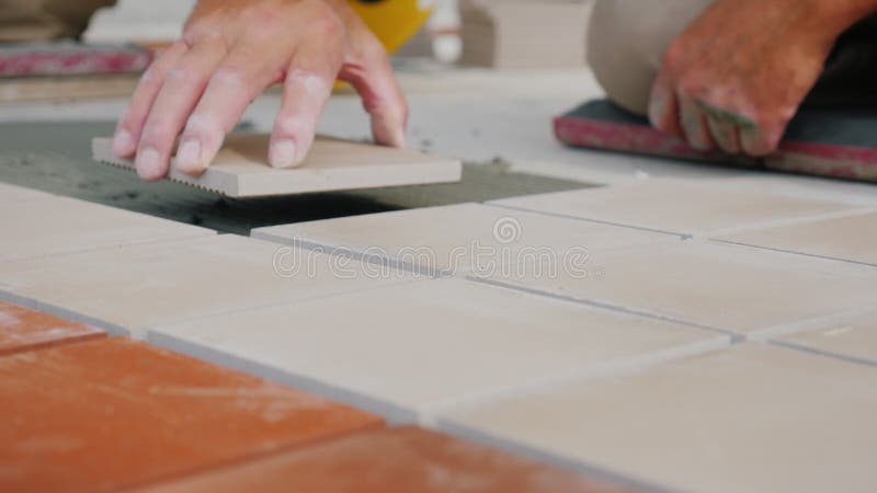 Workers Laying Tile on the Floor, Close-up Stock Footage - Video of ...
