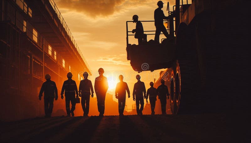 Workers Leaving Industrial Site at Sunset, Silhouetted Against Warm ...