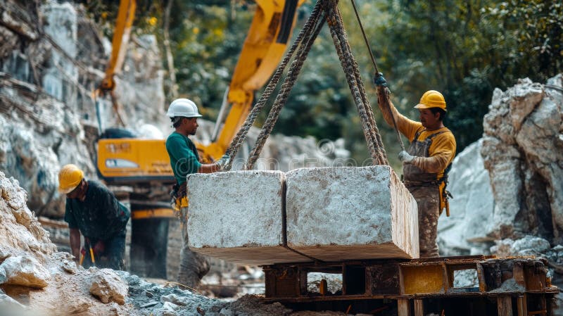 Workers are Lifting Heavy Stone Blocks Using a Crane. they are Focused ...