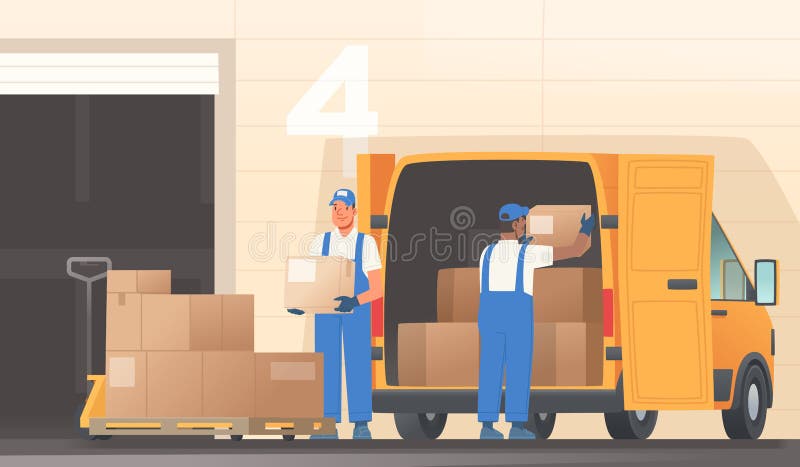 Workers Load a Delivery Van with Goods from a Warehouse. Distribution ...