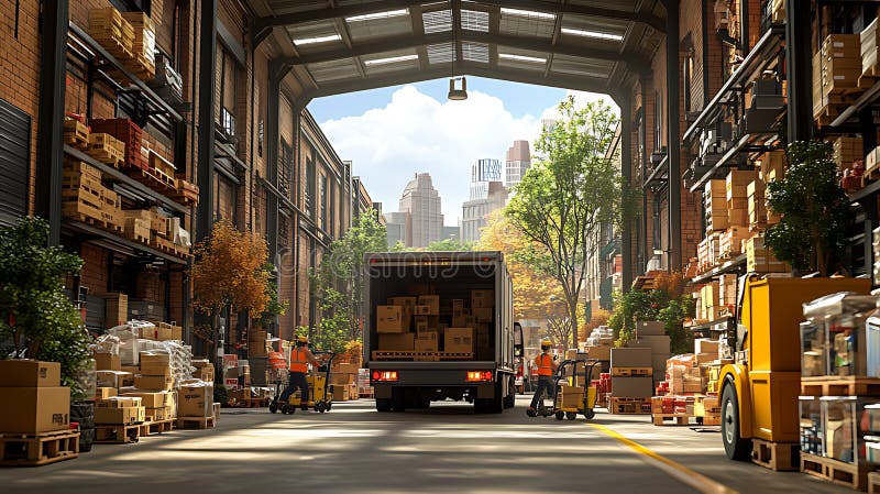 Workers Loading Boxes Onto a Delivery Truck in a Warehouse, with a City ...