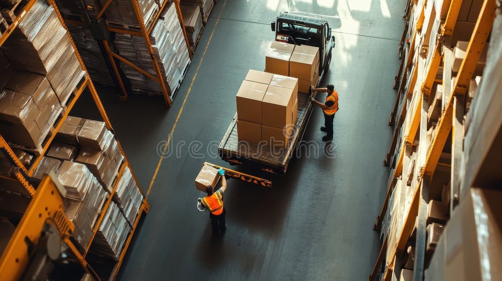 Workers Loading Boxes Onto a Truck in a Warehouse Setting Stock ...